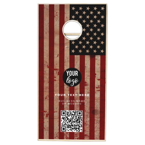 American Flag Rustic Wood QR Code Business Logo Cornhole Set | Zazzle