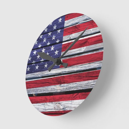 American Flag Rustic Wood Round Clock | Zazzle