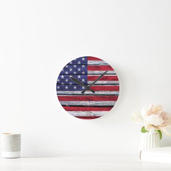 American Flag Rustic Wood Round Clock | Zazzle