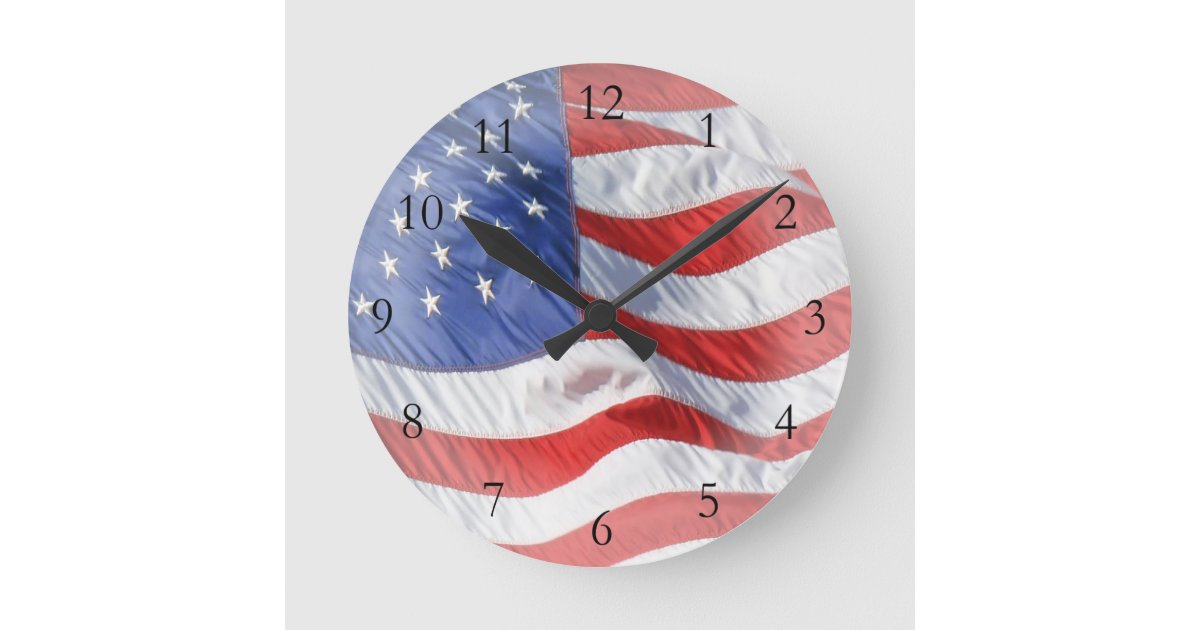 American Flag, Waving in Wind Round Clock | Zazzle