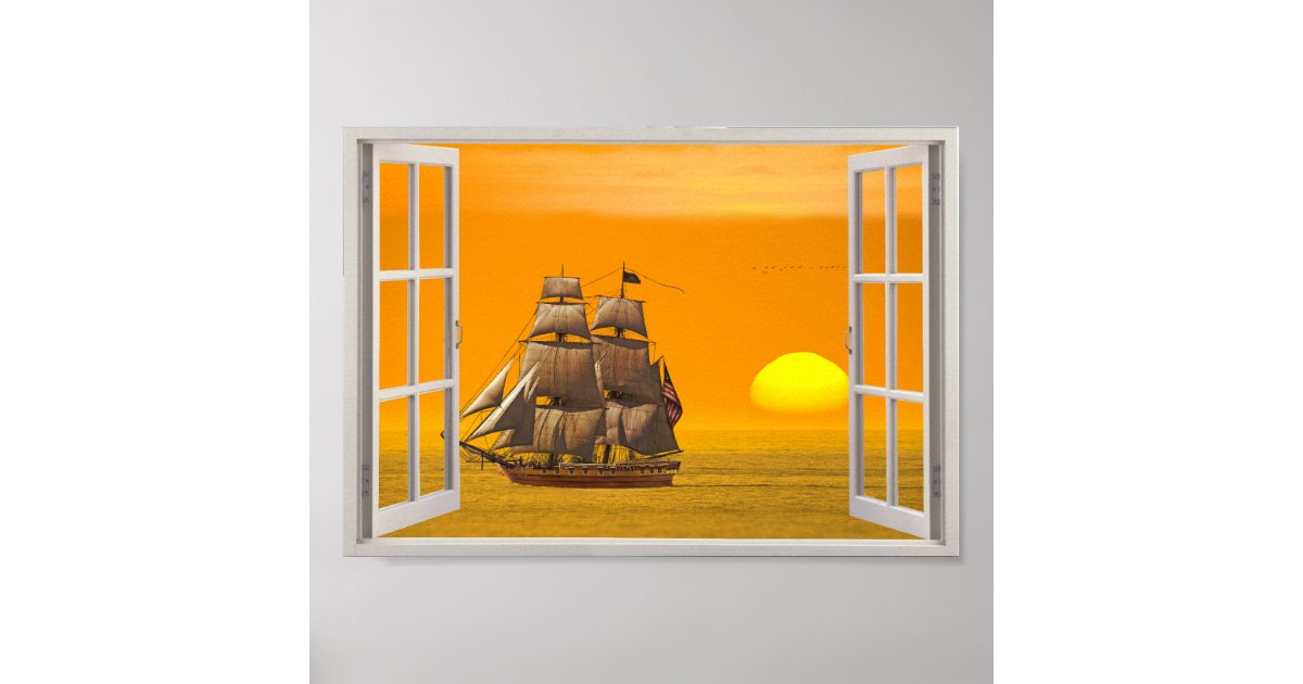 American Frigate Sails at Sunset Fake Window Poster | Zazzle