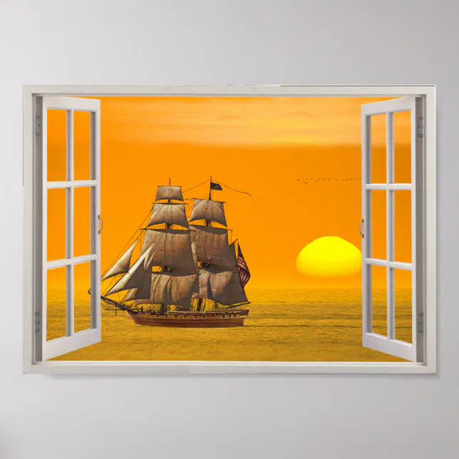 American Frigate Sails at Sunset Fake Window Poster | Zazzle