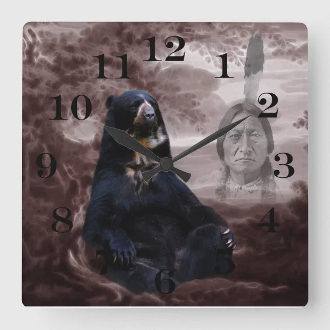 American Native Indian black bear Square Wall Clock | Zazzle