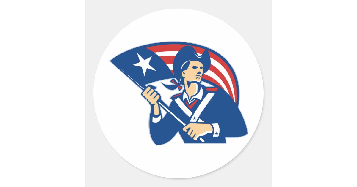 American Patriot Minuteman With Flag Retro Classic Round Sticker | Zazzle