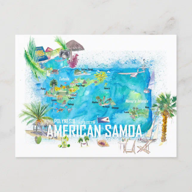 American Samoa Illustrated Island Travel Map Postcard | Zazzle