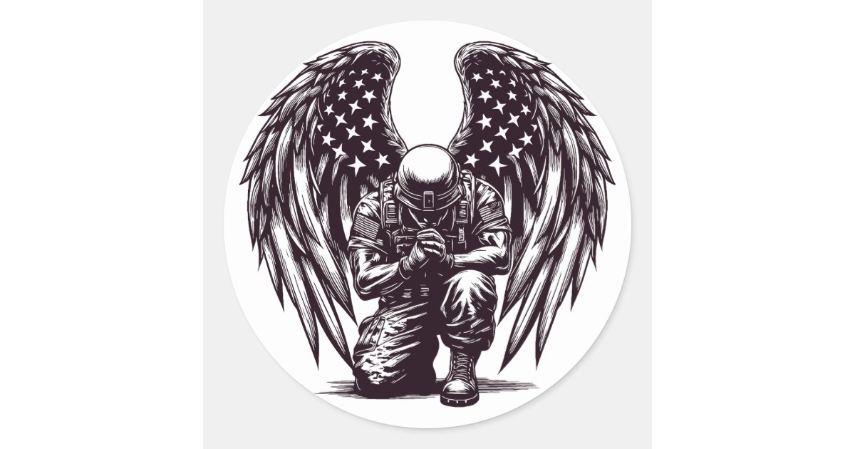 American Soldier Angel Praying USA Flag Art Classic Round Sticker | Zazzle