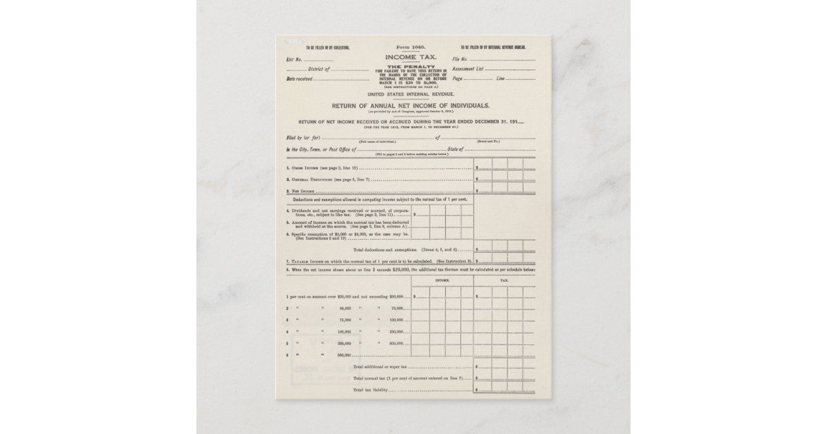 America's First Income Tax Form Postcard | Zazzle