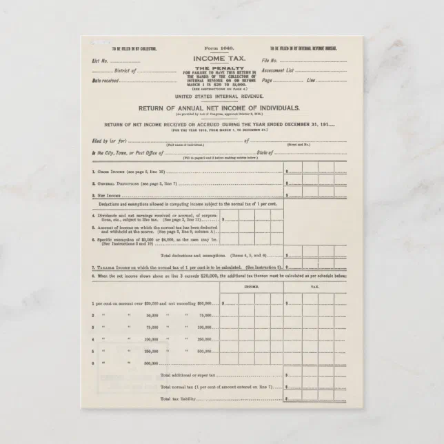 America's First Income Tax Form Postcard | Zazzle