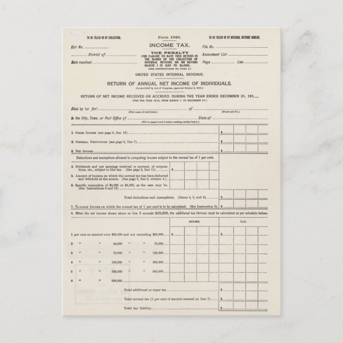 America's First Income Tax Form Postcard | Zazzle.com