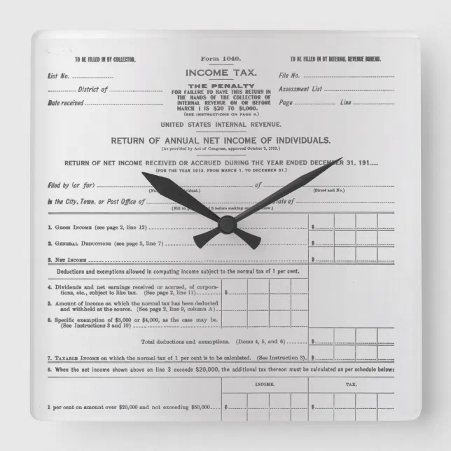 America's First Income Tax Form Silver Gray Black Square Wall Clock ...