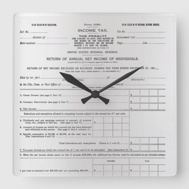 America's First Income Tax Form Silver Gray Black Square Wall Clock ...
