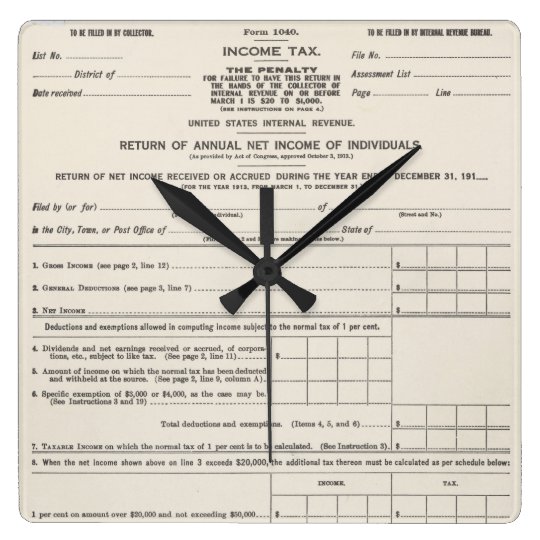 America's First Income Tax Form Square Wall Clock | Zazzle.com