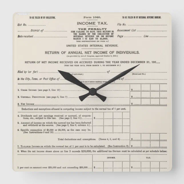 America's First Income Tax Form Square Wall Clock | Zazzle