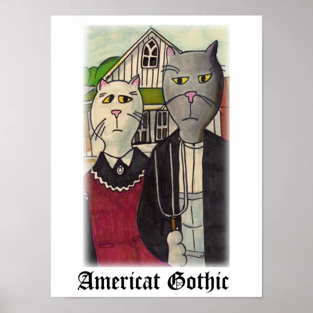 Americat Gothic Cat Cartoon Character Art Poster | Zazzle
