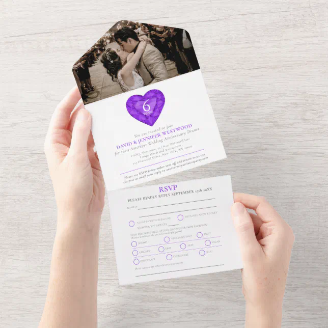 Amethyst 6th wedding anniversary heart photo all in one invitation | Zazzle