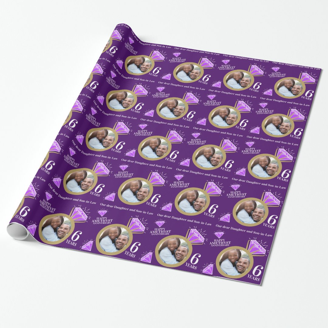 Amethyst 6th wedding anniversary photo purple ring wrapping paper | Zazzle