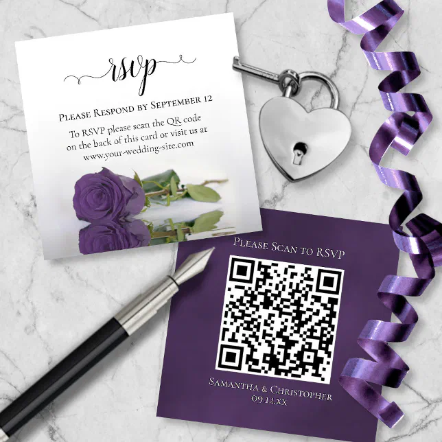Amethyst Purple Rose Elegant Wedding RSVP QR Code Enclosure Card | Zazzle