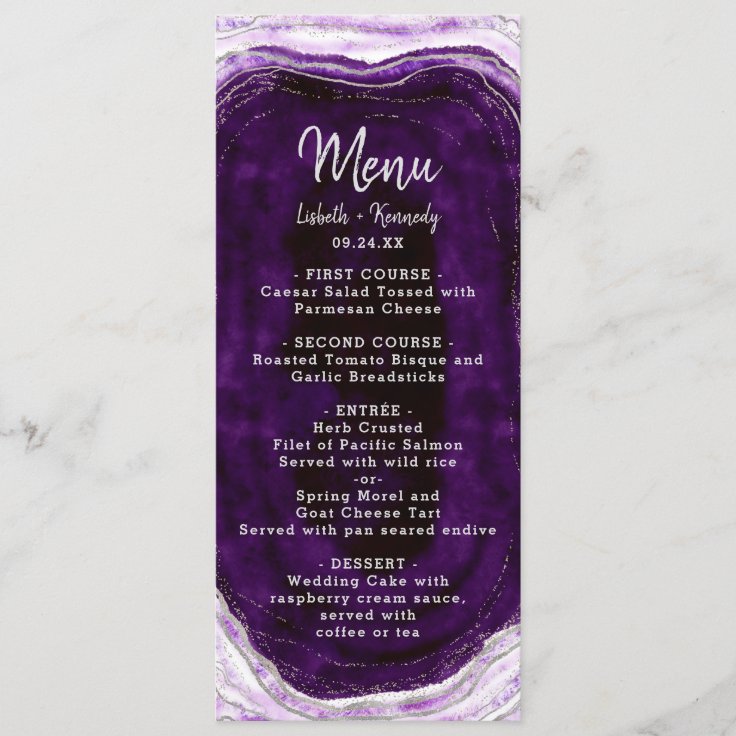 Amethyst Purple & Silver Geode Agate Marble Dinner Menu | Zazzle
