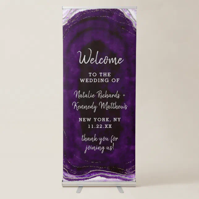 Amethyst Purple & Silver Geode Wedding Welcome Retractable Banner | Zazzle