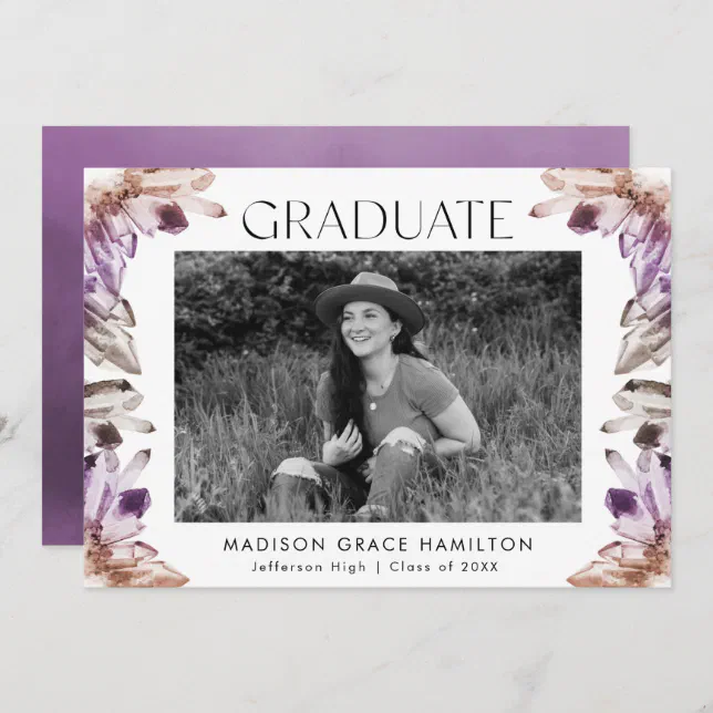 Amethyst Watercolor Crystal Photo Graduation Party Invitation | Zazzle