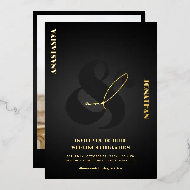 Ampersand Stylish Script Black Dark Wedding Real Foil Invitation | Zazzle