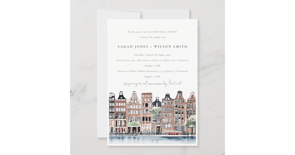 Amsterdam Dutch Canal Landscape Rehearsal Dinner Invitation | Zazzle