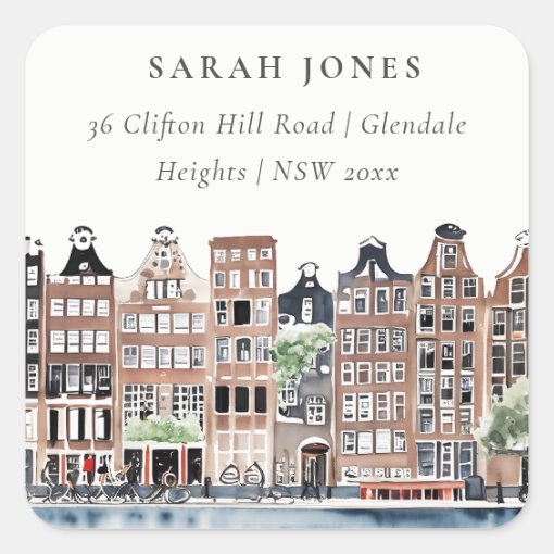 Amsterdam Dutch Canal Watercolor Landscape Address Square Sticker | Zazzle