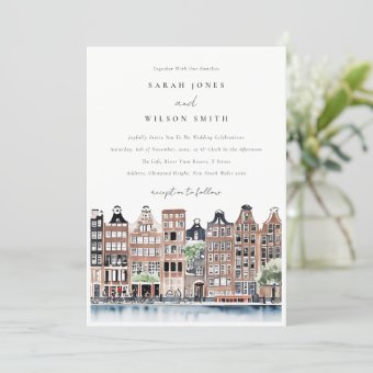 Amsterdam Dutch Canal Watercolor Landscape Wedding Invitation | Zazzle