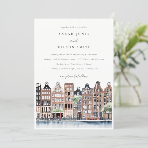Amsterdam Dutch Canal Watercolor Landscape Wedding Invitation | Zazzle