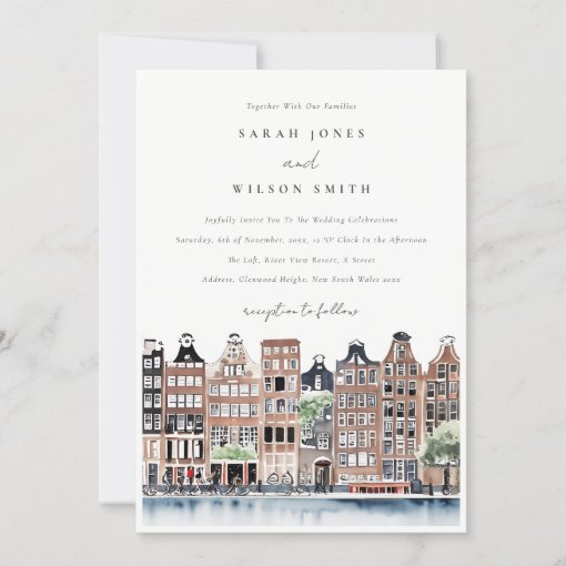 Amsterdam Dutch Canal Watercolor Landscape Wedding Invitation | Zazzle