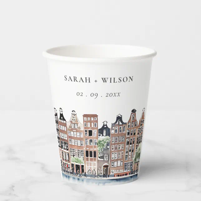 Amsterdam Dutch Canal Watercolor Landscape Wedding Paper Cups | Zazzle
