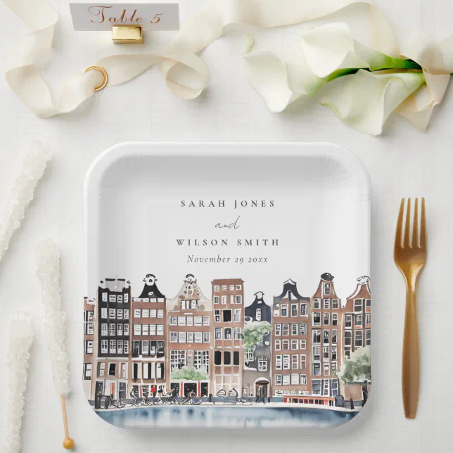 Amsterdam Dutch Canal Watercolor Landscape Wedding Paper Plates | Zazzle