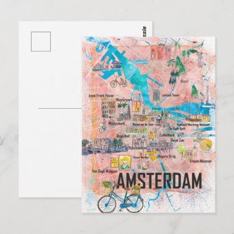 Amsterdam Netherlands Illustrated Map with Roads Postcard | Zazzle