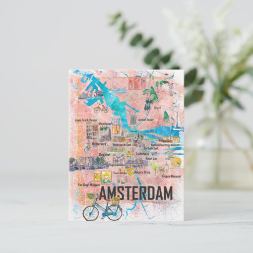 Amsterdam Netherlands Illustrated Map with Roads Postcard | Zazzle
