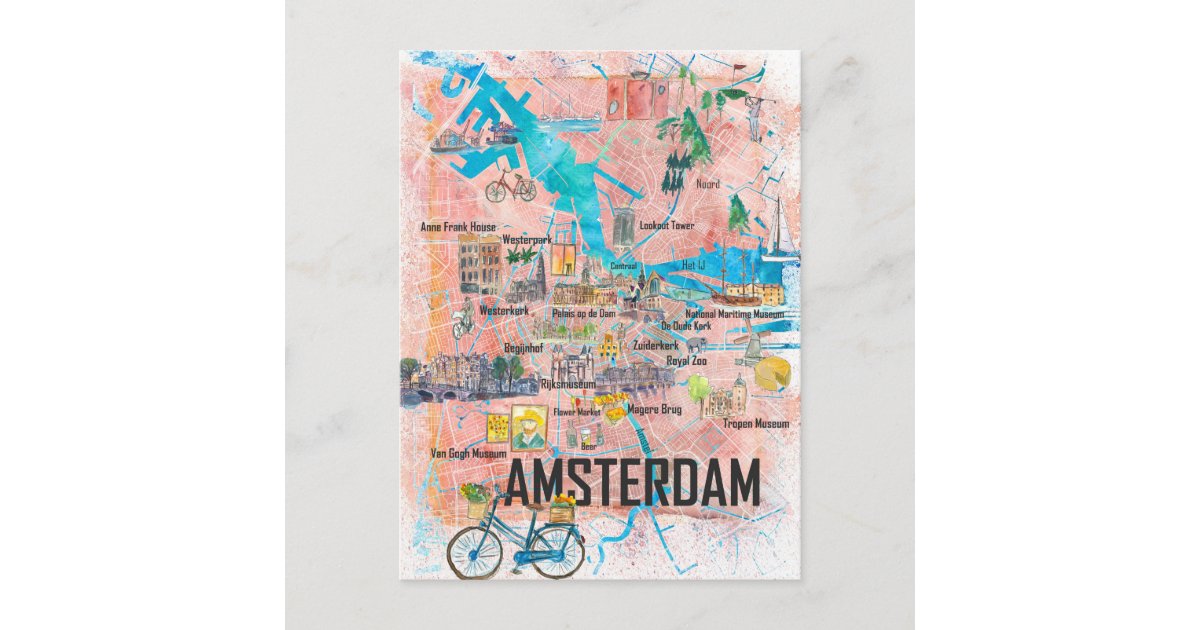 Amsterdam Netherlands Illustrated Map with Roads Postcard | Zazzle