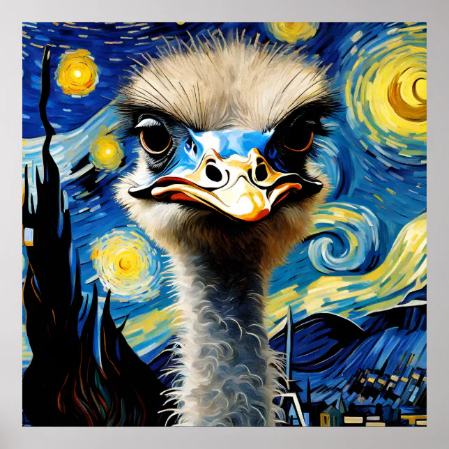 an adorable ostrich in a starry night postcard poster | Zazzle