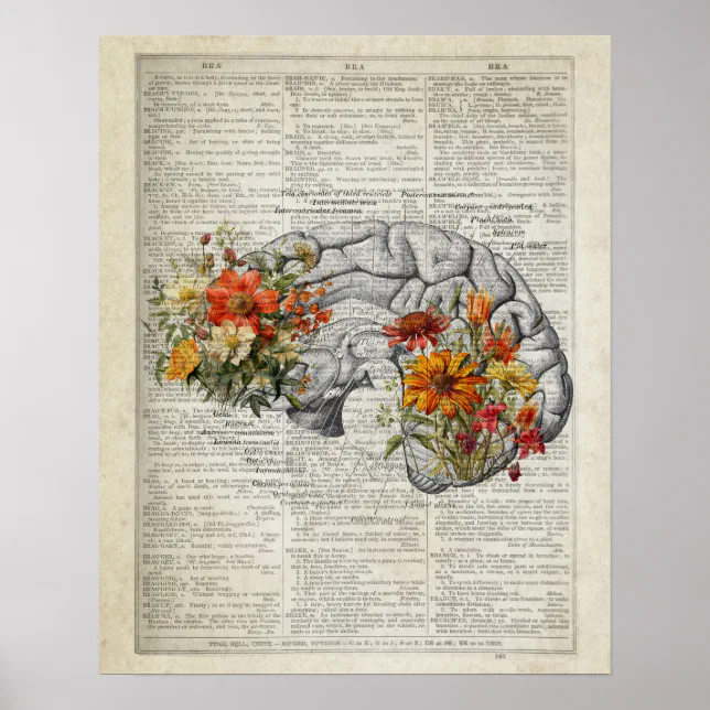 Anatomy Brain Floral Dictionary Art Collage Poster | Zazzle