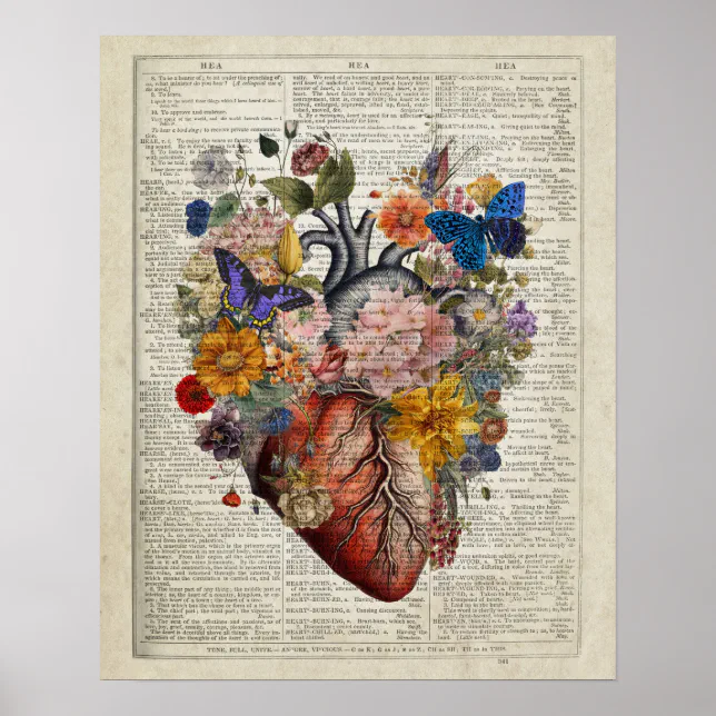 Anatomy of Human Heart with Flowers & Butterflies Poster | Zazzle