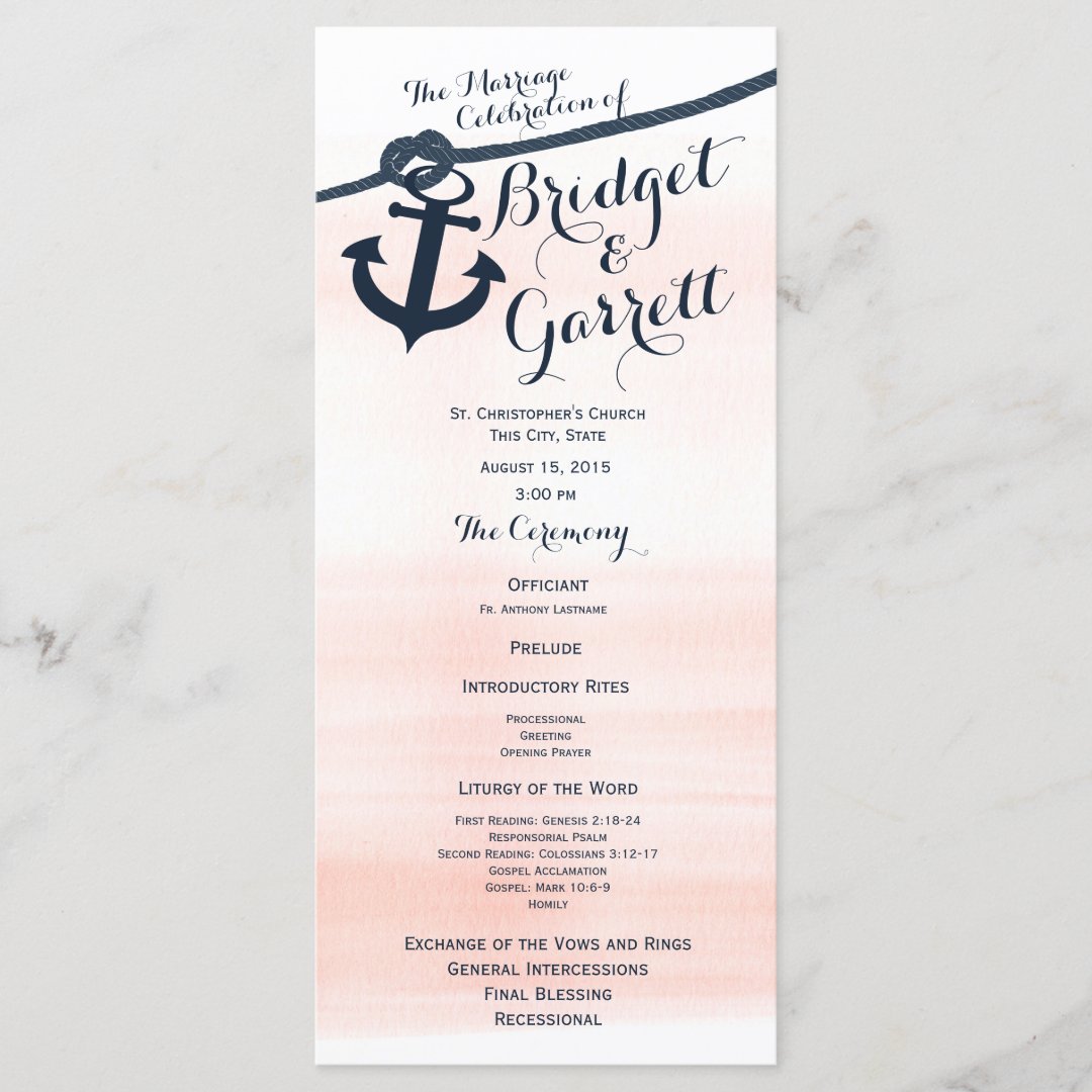 Anchor and Rope Blush Navy Wedding Program | Zazzle