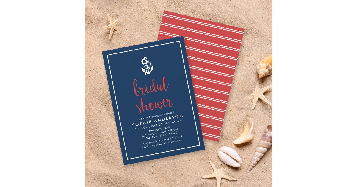 Anchor Blue and Red Script Bridal Shower Invitation | Zazzle