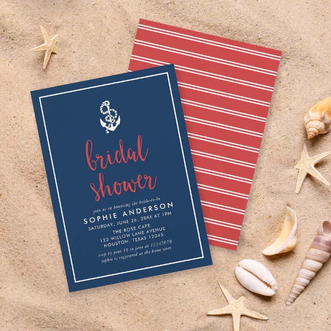 Anchor Blue and Red Script Bridal Shower Invitation | Zazzle