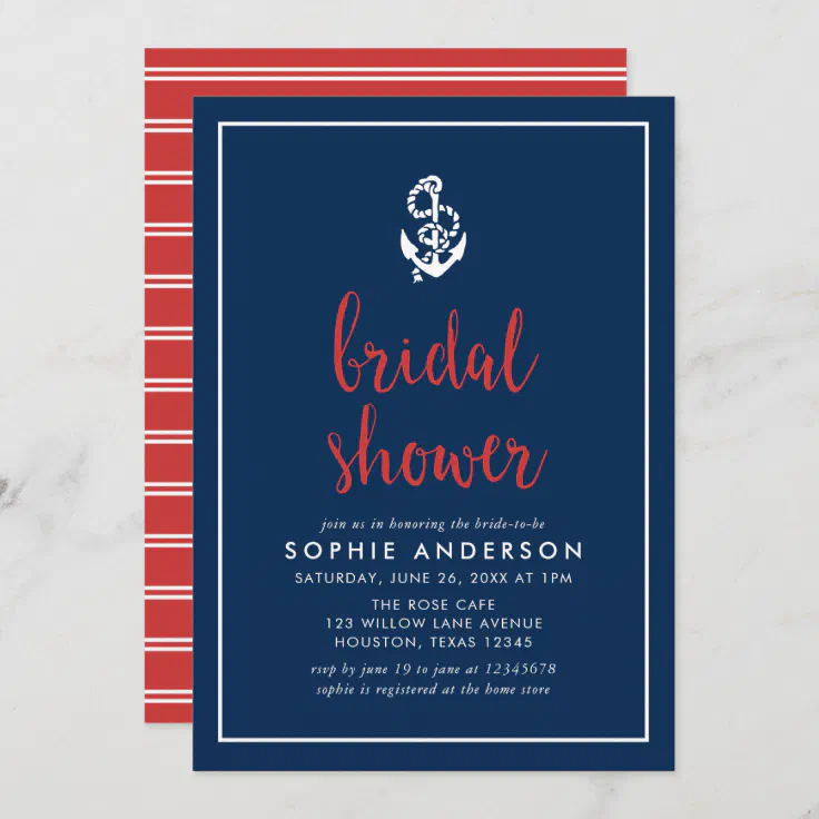 Anchor Blue and Red Script Bridal Shower Invitation | Zazzle