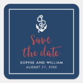Anchor Blue and Red Script Save the Date Square Sticker | Zazzle
