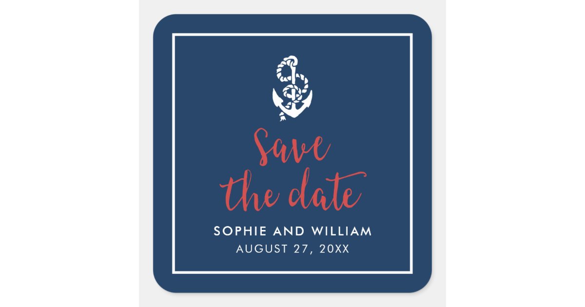 Anchor Blue and Red Script Save the Date Square Sticker | Zazzle.com