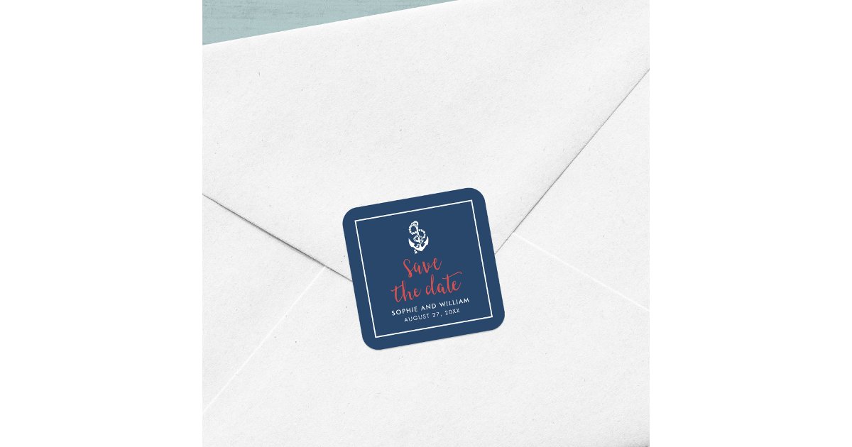 Anchor Blue and Red Script Save the Date Square Sticker | Zazzle