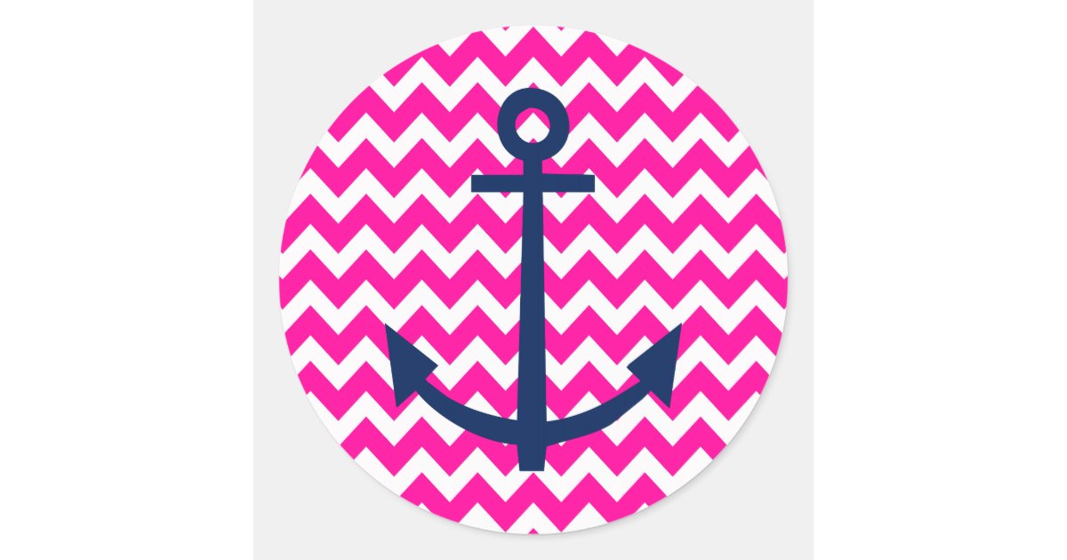Anchor Chevron Nautical Pink and Navy Classic Round Sticker | Zazzle