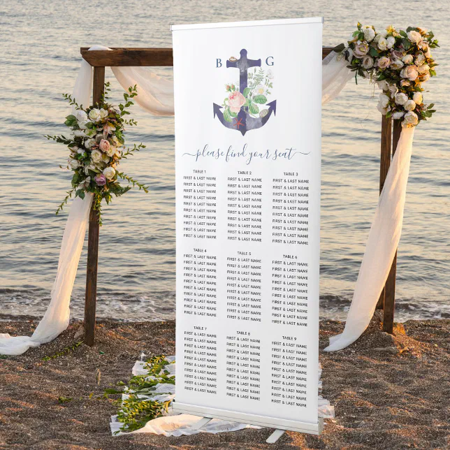 Anchor Floral Nautical Wedding Seating Chart Retractable Banner | Zazzle