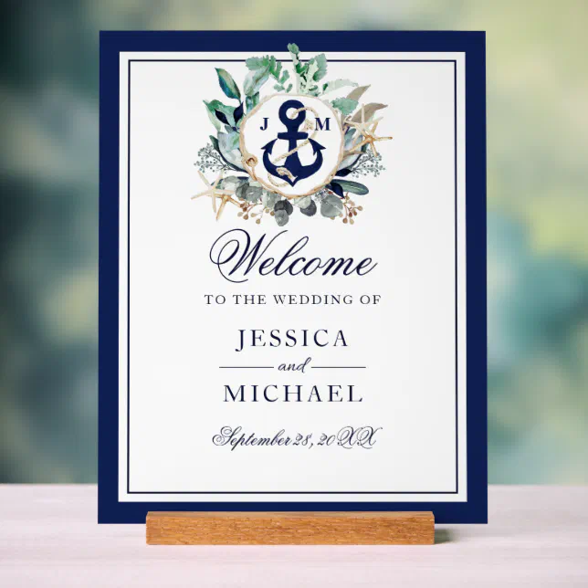 Anchor Monogram Greenery Wreath Wedding Welcome Acrylic Sign | Zazzle