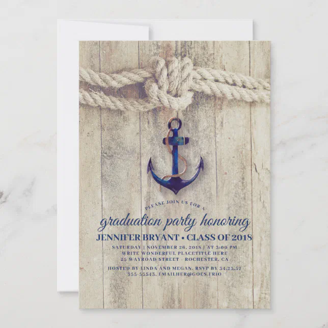 Anchor Navy Blue Nautical Graduation Party Invitation | Zazzle