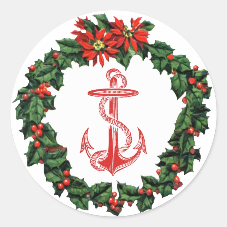 Anchor Red Wreath Christmas Sticker | Zazzle